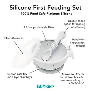 Bumkins Suction Silicone Baby Feeding Set, Bowl, Lid, Spoon, BPA-Free, First Feeding, Baby Led Weaning - Marbled