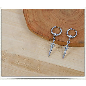 Sword Drop Dangle Small Hoop Earrings for Women Girls Men Stainless Steel Engrave Animal Cross Dagger Halloween Statement Charms Drop Dangling Hoops Cuff Cartilage Wrap Vintage Punk Pray Jewelry (Silvery)