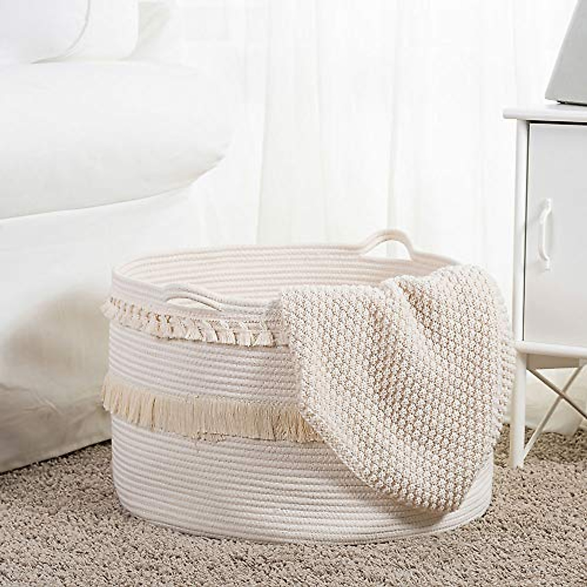 ANTJUMPER Cotton Rope Basket Hamper, Macrame Tassel Storage Basket with Handle Rope Woven Nursery Hamper Storage Bin for Clothes Blankets Pillow and Toys (20"x20"x14")