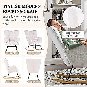 NIOIIKIT Nursery Rocking Chair Teddy Upholstered Glider Rocker Rocking Accent Chair Padded Seat with High Backrest Armchair Comfy Side Chair for Living Room Bedroom Offices (Ivory Teddy)