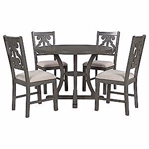 GLORHOME 5 Piece Round Table Set for 4 with Special-Shaped Legs and an Exquisitely Designed Hollow Chair Back in The Dining Room, Gray+Green