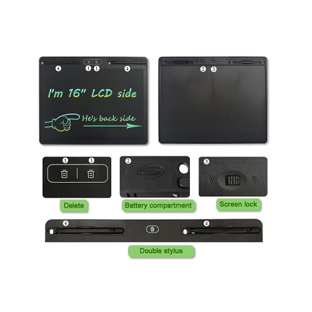 Large LCD Writing Board 16 Inches with 2 Delete Keys and Split Screen for Local Erasing, Electronic Drawing and Doodle Tablet for Adult and Kid with 2 Pens, Nice Holiday or Birthday Present (Black)