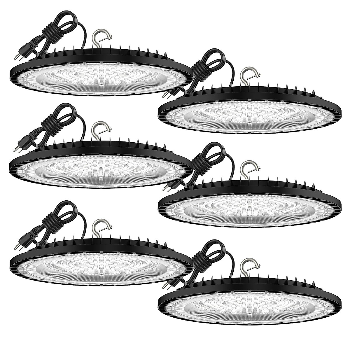 6 Pack UFO LED High Bay Light, 200W LED High Bay Light, 5000K,28,000LM, 5 ft Cable with US Plug UL Certified Plug, IP65 Commercial Warehouse Area Light for Wet Location Area, Workshop, Garage