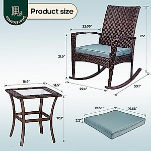 Niubya 3 Piece Wicker Rocking Chair Patio Furniture Sets, Outdoor Wicker Bistro Rattan Chair Conversation Sets with Cushions and Coffee Table, Grey and Brown