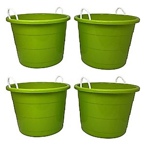 HOMZ 17-Gallon Indoor Outdoor Storage Bucket w/Rope Handles for Sports Equipment, Party Cooler, Gardening, Toys and Laundry, Bold Lime Green (4 Pack)
