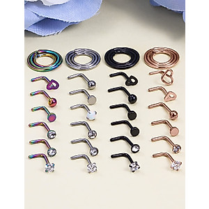 Yaalozei 20g Nose Ring for Women L Shape Nose Piercing Jewelry 20 Gauge Surgical Stainless Steel Cute Nose Rings Hoop Nose Ring Stud Nostril Nose Piercing Jewelry for Women Men Silver Rose Gold Black