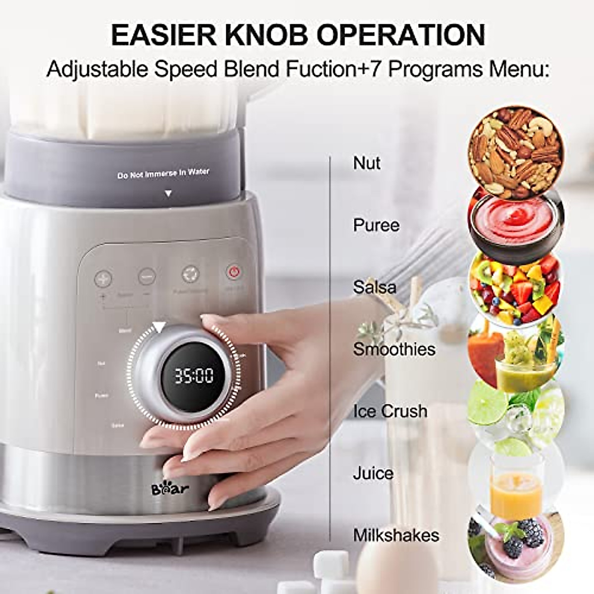 Bear Blender, 1500 Peak Watts Professional Countertop Blender for Kitchen, Blender for Shakes and Smoothies with 51 Oz Glass Jar,Auto-Programs Functions with LED display for Ice Crush, Smoothies, Milkshakes and Autonomous Clean