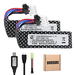 HYF 2 pcs 11.1V 2000mAh 501855 Soft-Gun Toy Rechargeable Li-ion Batteries SM2P Plug with a USB Charging Cable for WPL RES V-3 ESC 1/16 Crawler and Some Water-Gun Toy