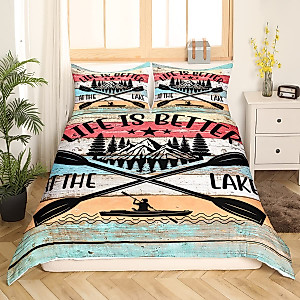 Lake Boating Bedding Set King Size Rustic Farmhouse Wooden Barn Duvet Cover Set 3pcs for Kids Girls Teens Bedroom Decor Outdoor Camping Comforter Cover Vintage Colorful Quilt Cover,2 Pillowcases