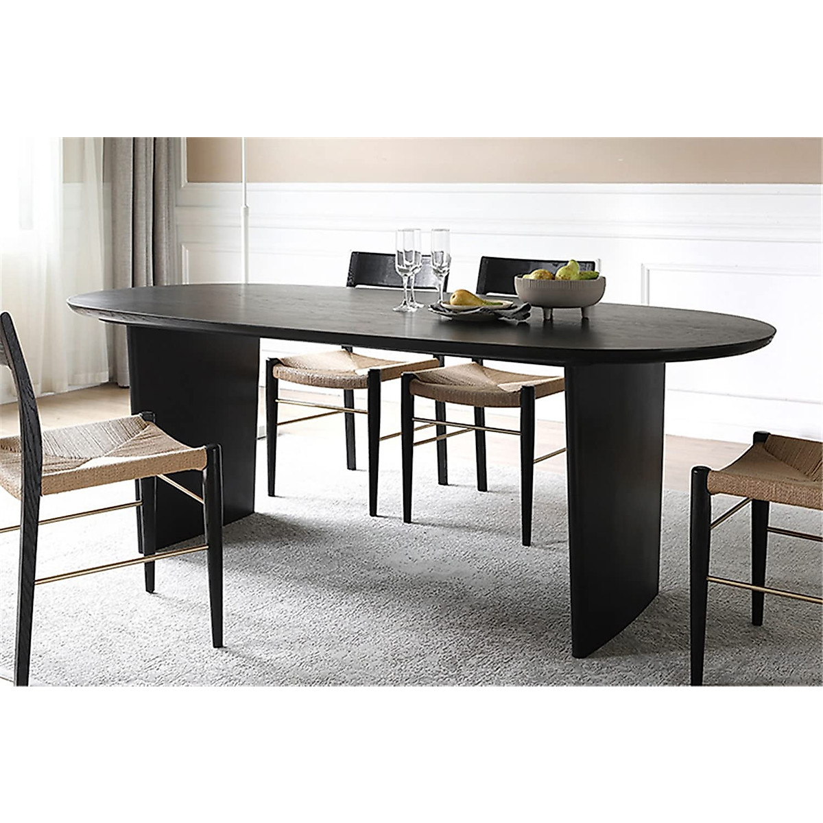 NIUYAO Modern Solid Oval Table with Double Pedestal, Natural Black Wood Top Table Simplicity Wabi-sabi Style Furniture for Dining Room Kitchen Leisure Coffee Table -47" L x 27.5" W x 29.5" H