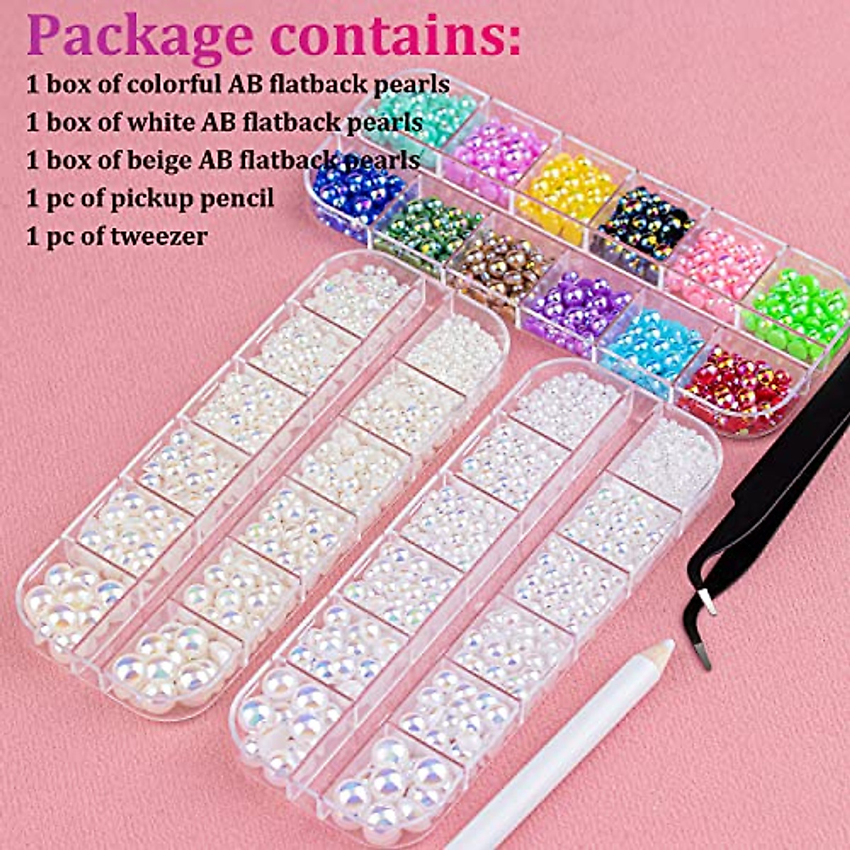3800 Pcs 3 Boxes Flat Back Pearls Kits Flatback Colorful AB+White AB+Beige AB Half Round Pearls with Pickup Pencil and Tweezer for Home DIY and Professional Nail Art, Face Makeup and Craft