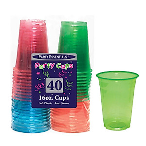 Party Essentials Soft Plastic 16-Ounce Party Cups/Pint Glasses, 40-Count, Assorted Neon