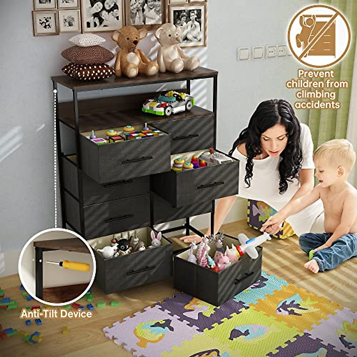 WARM&LOVE 8 Drawer Dresser with 2-Layer Shelf, Chest of Drawers for Bedroom, Closet, Fabric Storage Tower Organizer with Sturdy Metal Frame, Wooden Top, Fabric Dresser for Bedroom