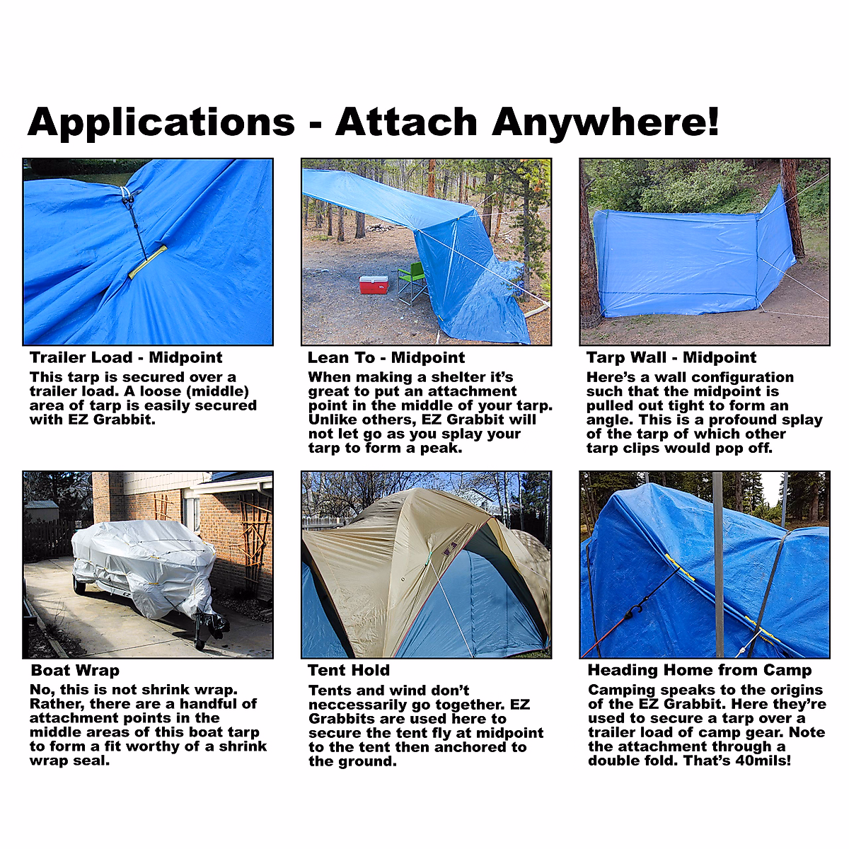 EZ Grabbit Tarp Tie Down (12-Pack) (Black) - Welcome to A New Standard! - Tarp Clip Clamp Holder Tie-Off Cinch Fastener Wall Tent Boat Pool Cover Canopy Hay Cargo Camping Storage Canvas