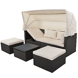 Merax 4 PCS Outdoor Patio Conversation Sets PE Wicker Sectional Sofa Rattan Daybed with Canopy, Lift Top Table, and Ottomans, Beige
