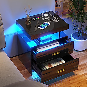 Lareth Smart Nightstand with LED Lights and Charging Station Wooden End Table with 2 Drawers High Glossy Bedside Cabinet Telephone Table for Bedroom Small Space, 20x16x23 inches, Black