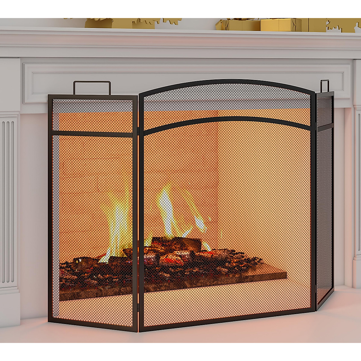 Calidola 3 Panel Fireplace Screen 48" W x 29" H Modern Foldable with Wrought Metal Decorative Mesh,Arch Heavy Duty Fire Spark Guard Cover for Home Decor Indoor, Black