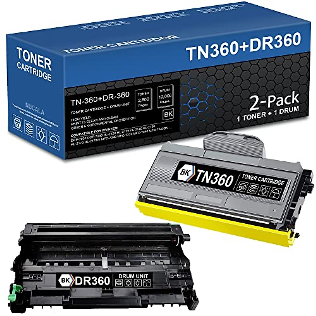 NUCALA Compatible TN360 TN-360 Toner & DR360 DR-360 Drum Replacement for Brother HL-2140 2150 2120 2125 2170 2170W MFC-7040 7340 7320 7345DN 7840 7440N 7840W Printer (2-Pack Black, 1Toner+1Drum)