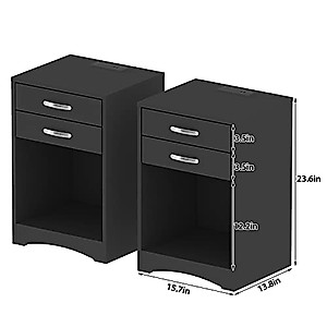 hosote Nightstands Set of 2, Black Nightstand with Charging Station USB Port, Night Stand Bedside Table Bed Side Table End Table Sofa Table with Storage Drawers for Bedroom Living Room