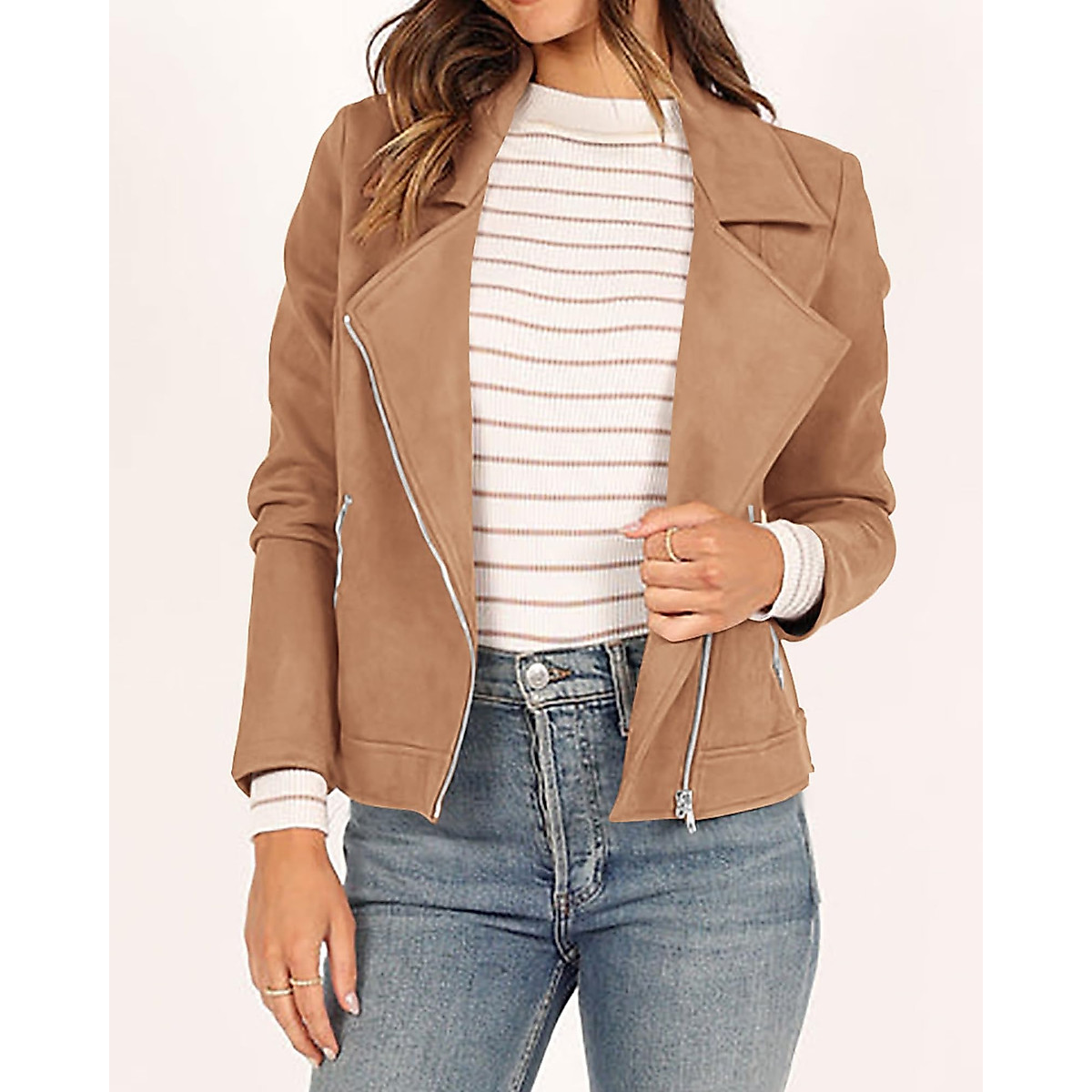 KIRUNDO Women's Trendy Stand Collar Faux Suede Jackets 2024 Fashion Solid Slim Moto Zipper Jacket Coats(Camel, Small)