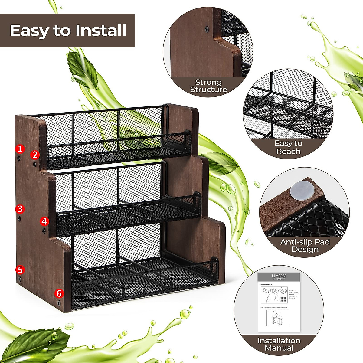 TJ.MOREE Tea Bag Organizer 3 Tier Tea Storage, Solid Wood Tea Storage Chests for Kitchen, Office, Countertop, Cabinet Pantry, Tea Bag, Coffee, Sugar Packets, Creamers Holder