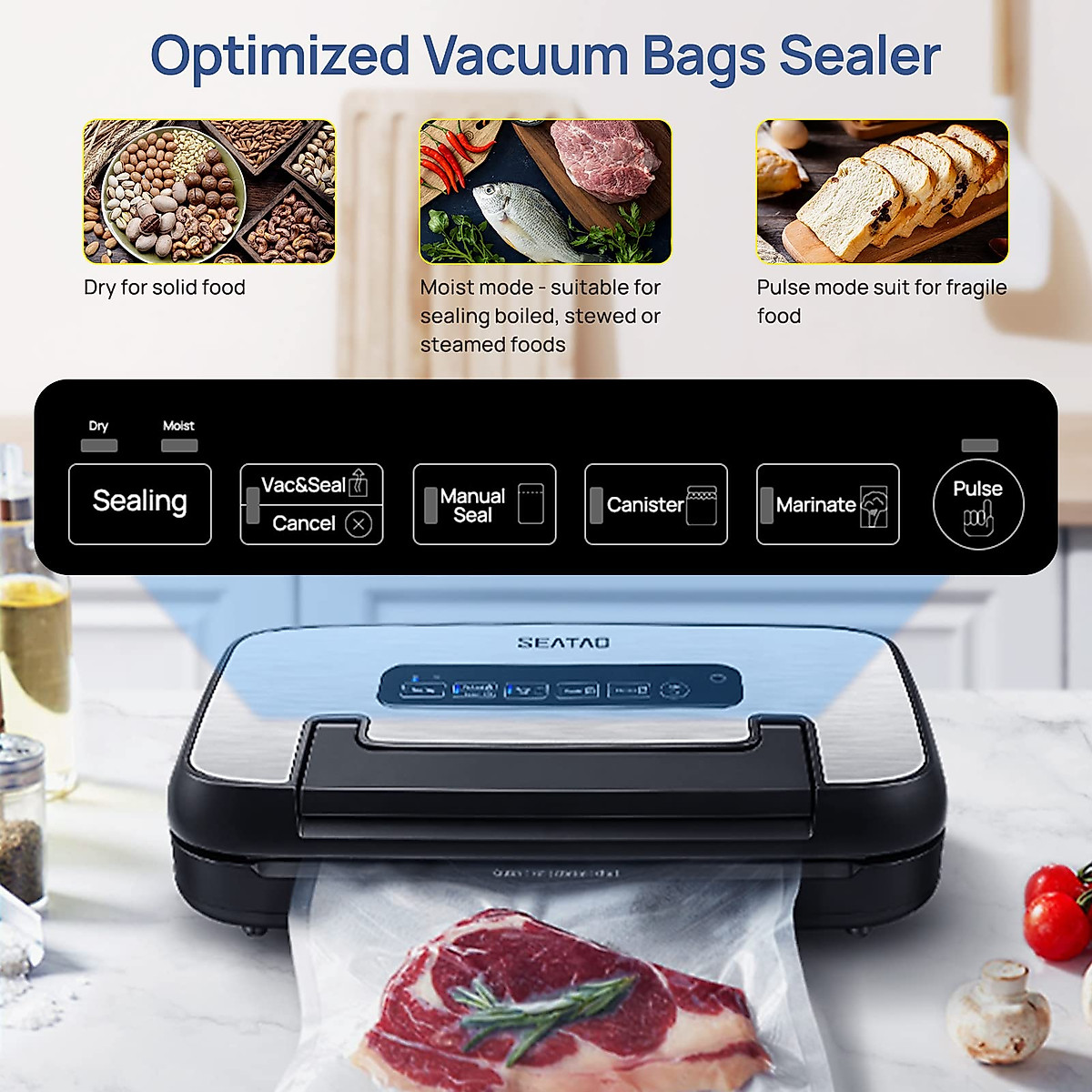 SEATAO Vacuum Sealer Machine, 80Kpa Food Vacuum Sealer Machine Preservation Dry/Moist Modes, Handle Locked Design, Built-in Cutter and Bag Storage, Starter Kit