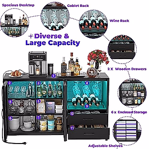 Cyclysio Wine Bar Cabinet with Power Outlets and LED Lights, Coffee Bar Station with Wine Rack, Industrial Sideboard Buffet with Drawers, Large Bar Cabinet for Liquor and Glasses, Home Bar, Black