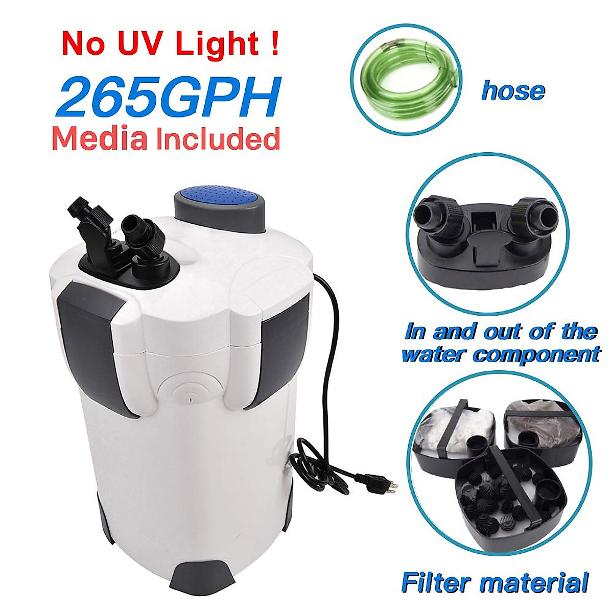 Polar Aurora Free Media 265GPH / 370GPH / 525GPH External Aquarium Filter with Builtin Pump Kit Canister (265GPH)