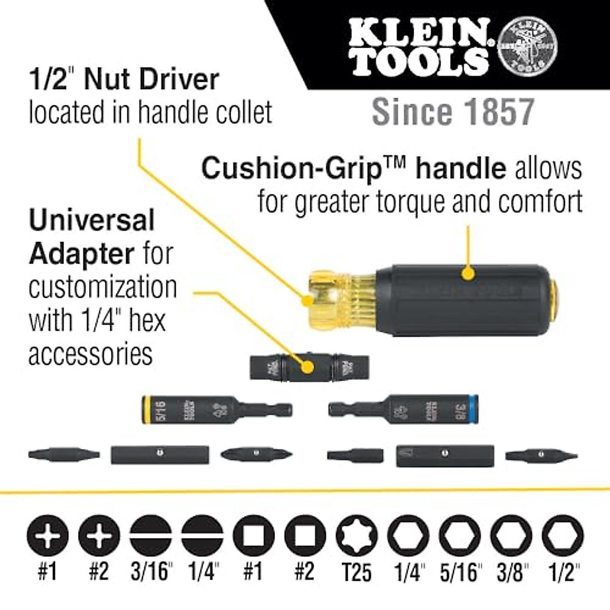 Klein Tools 32500HD KNECT Multi-Bit Screwdriver / Nut Driver, Impact Rated 11-in-1 Tool with Phillips, Slotted, Square and Torx Tips