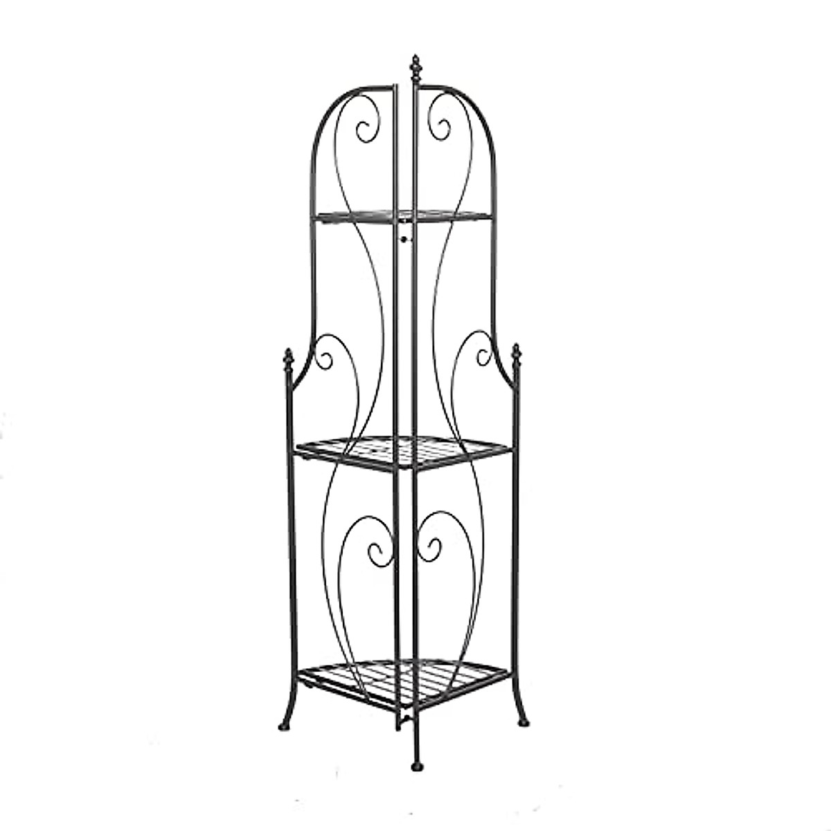 Deco 79 Metal Scroll Indoor Outdoor Tall Folding 3 Shelf Bakers Rack, 17" x 11" x 46", Black