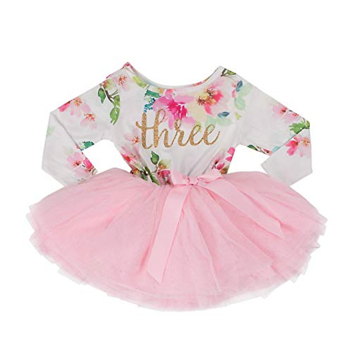 Grace & Lucille Toddler Birthday Dress (3rd Birthday) (Pink Floral Long Sleeve, Flat Heart Gold, 3T)