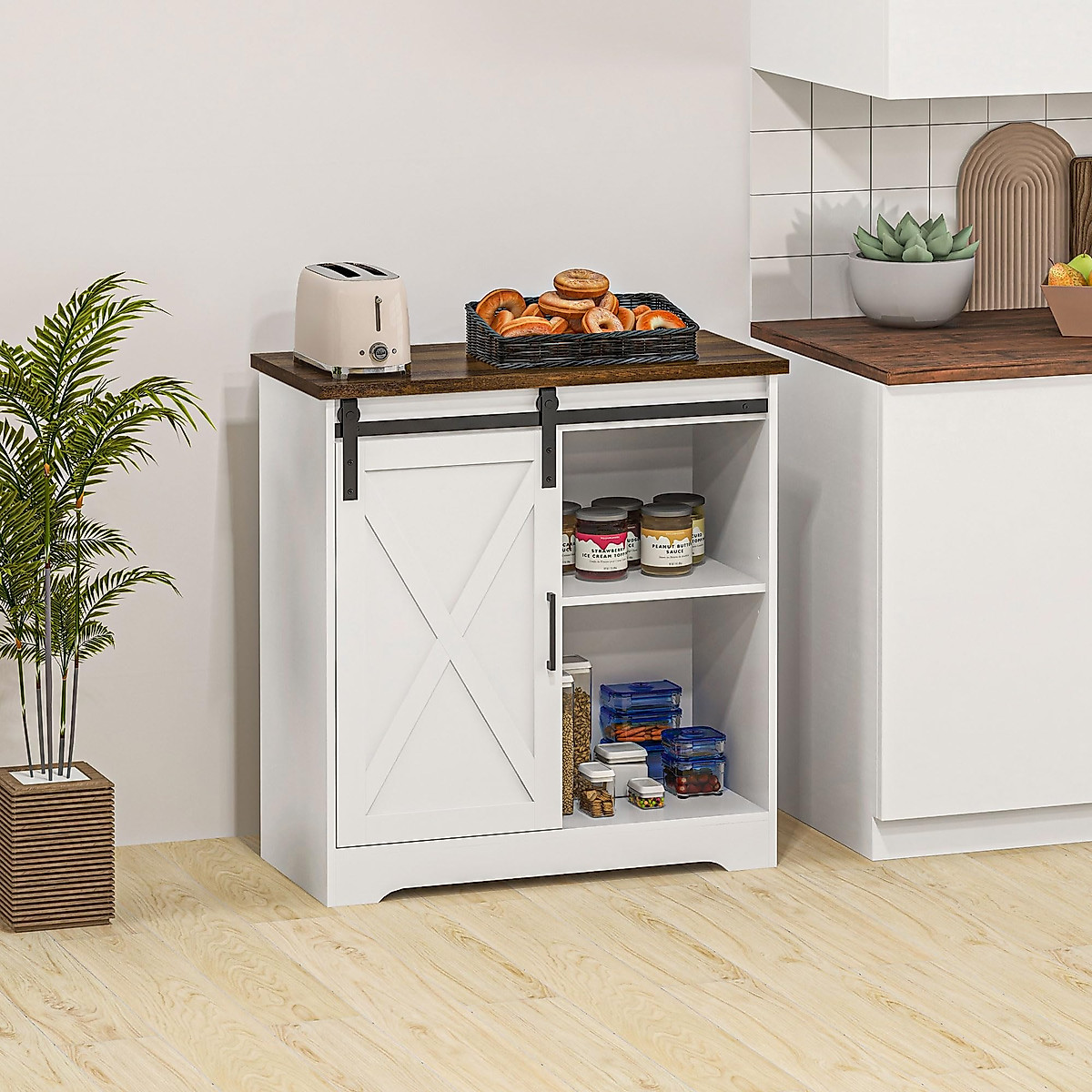 HOMCOM Farmhouse Coffee Bar Cabinet, 33" Buffet Sideboard with Sliding Barn Door and Adjustable Shelf, Kitchen Buffet Cabinet, White