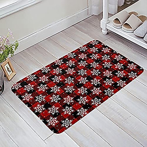 Christmas Bath Rugs White Snowflake Sponge Doormat Absorbent Non Slip Backing Durable Soft Flannel Mat Red Buffalo Plaid Checkered Christmas Memory Foam Mats Carpet for Bathroom Kitchen 16 x 24 inches