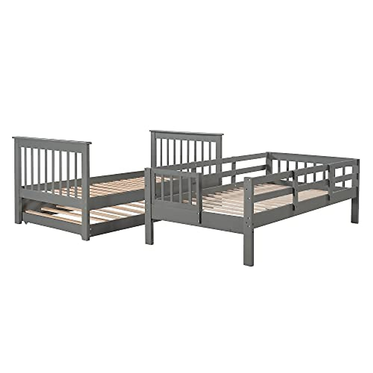 Twin Over Twin Bunk Bed with Trundle and Stairs, Solid Wood Bunk Beds Frame with Storage for Kids, Teens, Adults, Bedroom, Dorm. No Box Spring Needed (Gray)