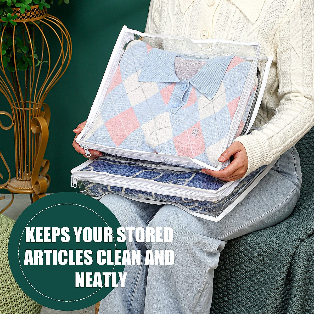 12 Pcs Clear Zippered Storage Bags PVC Sweater Storage Bags Sheet Organizer Plastic Sheet Storage Sweater Bags with Zipper and Label Pocket for Clothes Closet Linen Sweater Pillow (14 x 12 x 3 Inch)