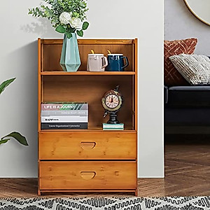 MoNiBloom 2 Tier Bookcase with 2 Drawers, Bamboo Freestanding Shelf Storage Organizer, Utility Shelf Rack for Living Room Bathroom Kitchen Office, Brown