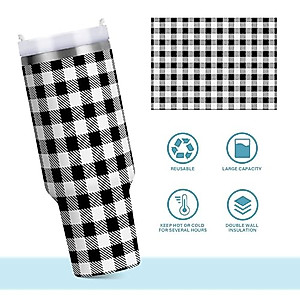 MCHIVER Black White Buffalo Plaid Tumbler with Lid and Straw 40 oz Insulated Water Bottle Leakproof Tumblers for Smoothie Coffee Water