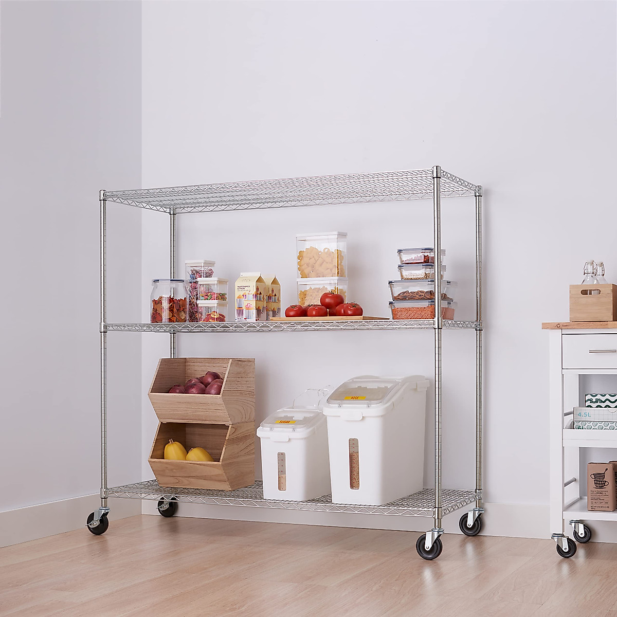 TRINITY Basics 3-Tier Adjustable Wire Shelving with Wheels for Kitchen Organization, Garage Storage, Laundry Room, NSF Certified, 600 to 1350 Pound Capacity, 60” by 24” by 54”, EcoStorage Chrome