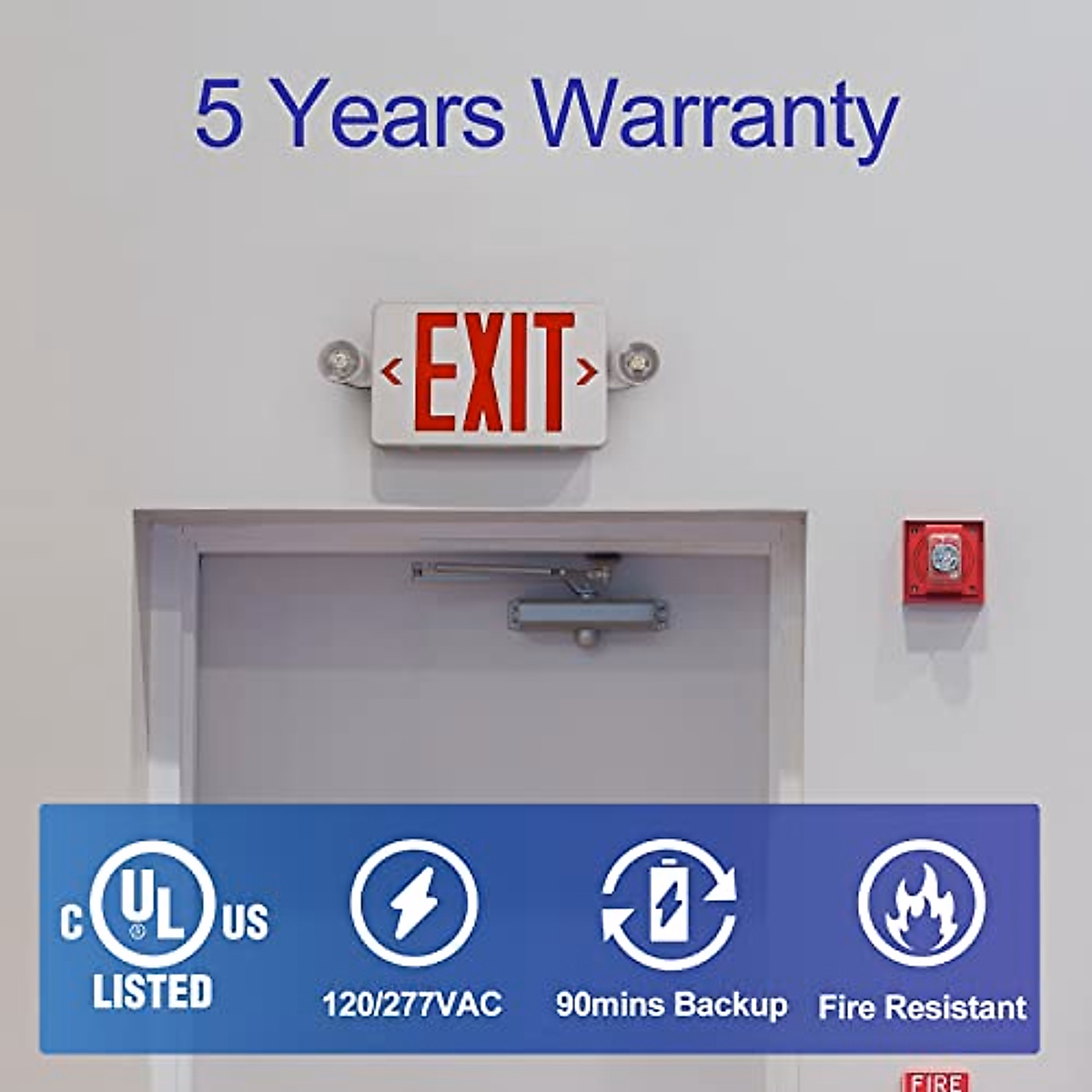 CM MZY LED Exit Sign with Emergency Lights,Exit Sign Lights with Battery Backup, Red Letter Emergency Exit Sign Lights with Two Adjustable Heads,AC 120-277V, UL Certified,1PCS