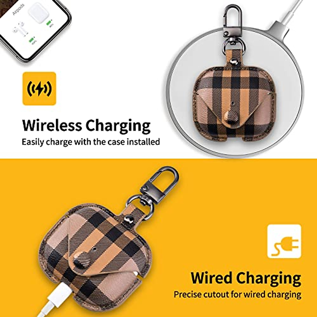 Pujuyeka Leather Luxury Case for AirPods 3rd Generation 2021 with Keychain,Designer Plaid Cute Airpod Charging Case Cover Aesthetic Lockable Protective Air Pod Skin Cover (AirPod 3rd Gen 2021 Brown)