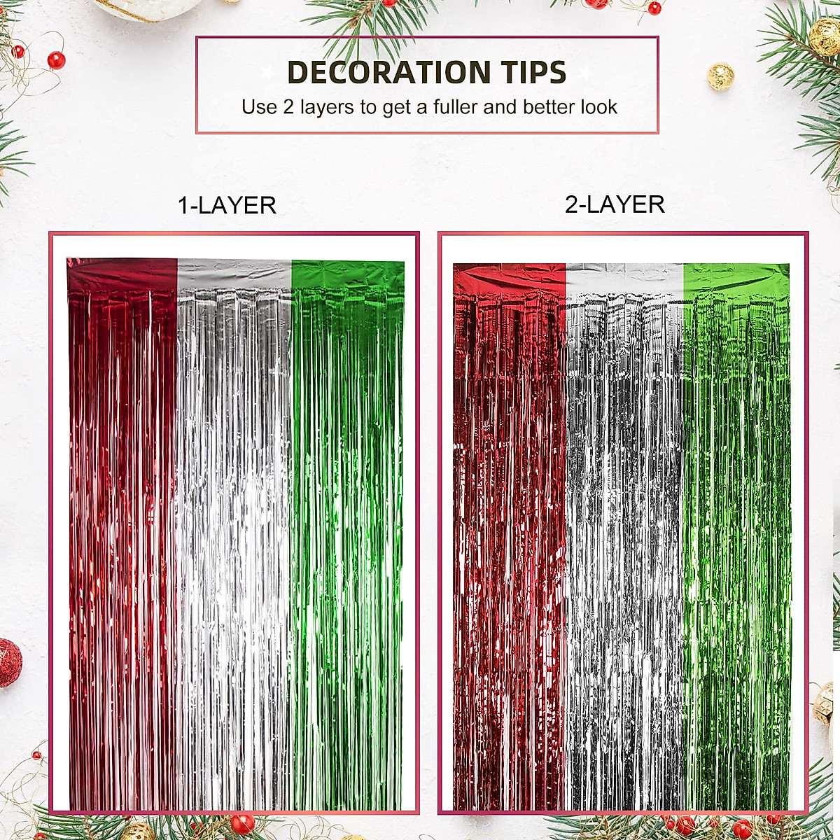 LOLStar 3 Pack Christmas Foil Fringe Curtains Christmas Party Decoration 3.3 x 6.6 ft Red Silver Green Tinsel Fringe Party Photo Backdrop Streamer Backdrop for Christmas, New Year, Ugly Sweater Party