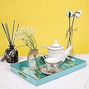 MAONAME Turquoise Serving Tray with Handles, Plastic Decorative Tray for Coffee Table, Marbling Rectangular Tray for Bathroom, Ottoman, Storage, 15.7" Lx 10.2" W X 1.57" H