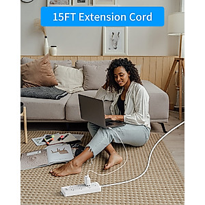 15 FT Extension Cord Surge Protector Power Strip 6 Super Wide Spaced Outlets, NTONPOWER Flat Plug Surge Protector Wall Mount with 3 USB, 1875W, 15A, 1700 Joules, Overload Protection for Home Office