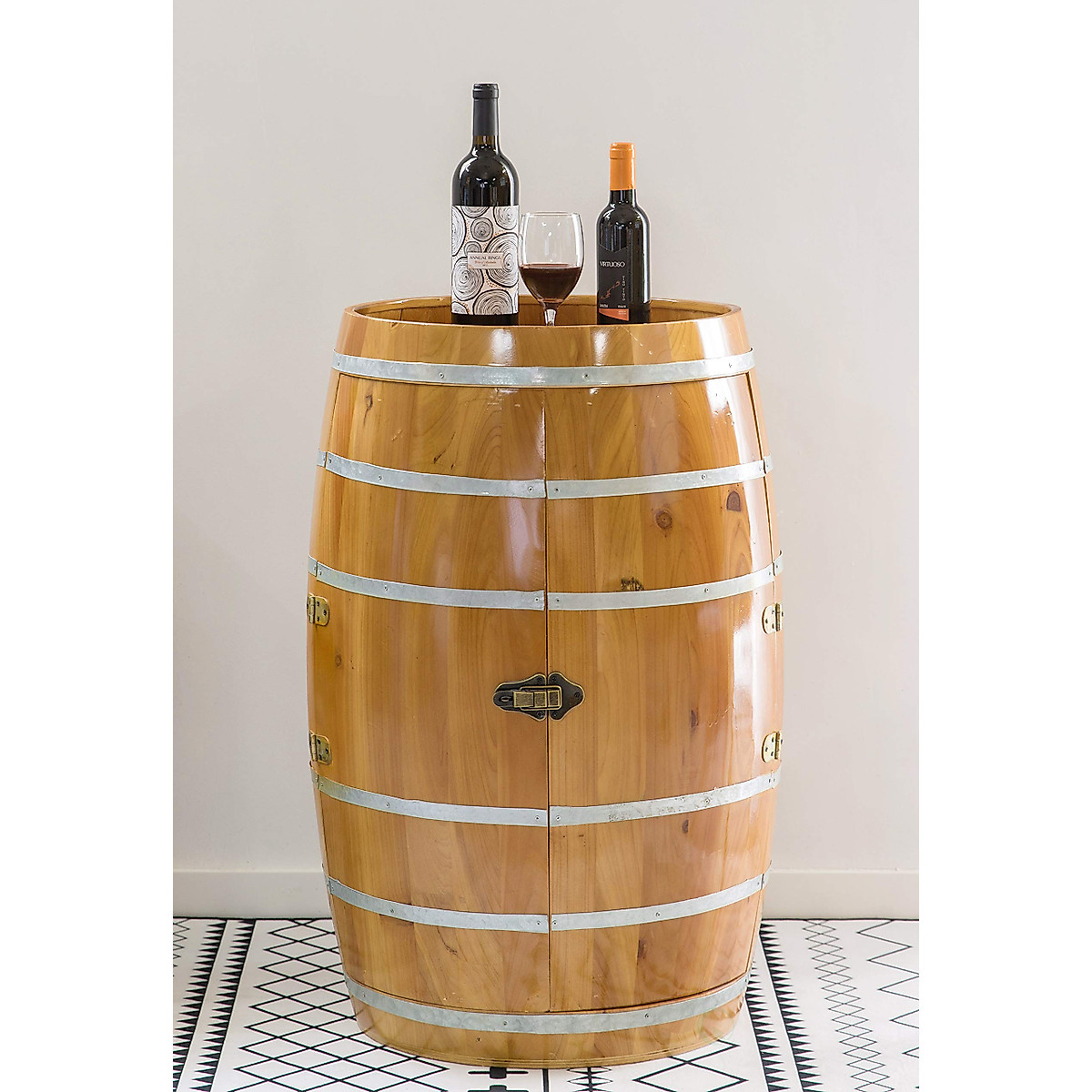 Vintiquewise Wooden Wine Barrel Shaped Wine Holder, Bar Storage Lockable Storage Cabinet