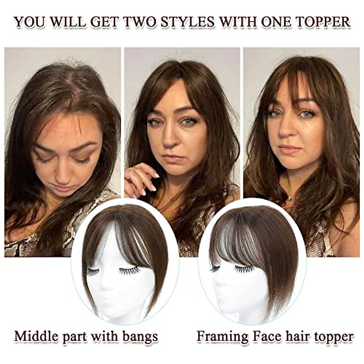 Aimeolyn 16 Inch Large Hair Base toppers for Women,Hair Toppers for women With Bangs 8x8inch,5 Clips Real Human Hair Toppers for thinng Hair