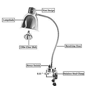 KOUWO Single Bulb Food Heat Lamp with Clamp Food Warmer Infrared Warming Light for Food Restaurant Catering Kitchen Carving Station Event