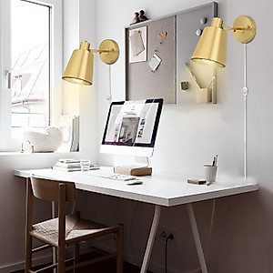 TISLYCO Plug in Wall Sconces Set of Two, Dimmable Wall Sconces with Plug in Cord Adjustable Angle Wall Lights with Dimmer Rotary Switch, Brass Wall Mounted Light Wall Lamp for Bedroom Bedside Desk