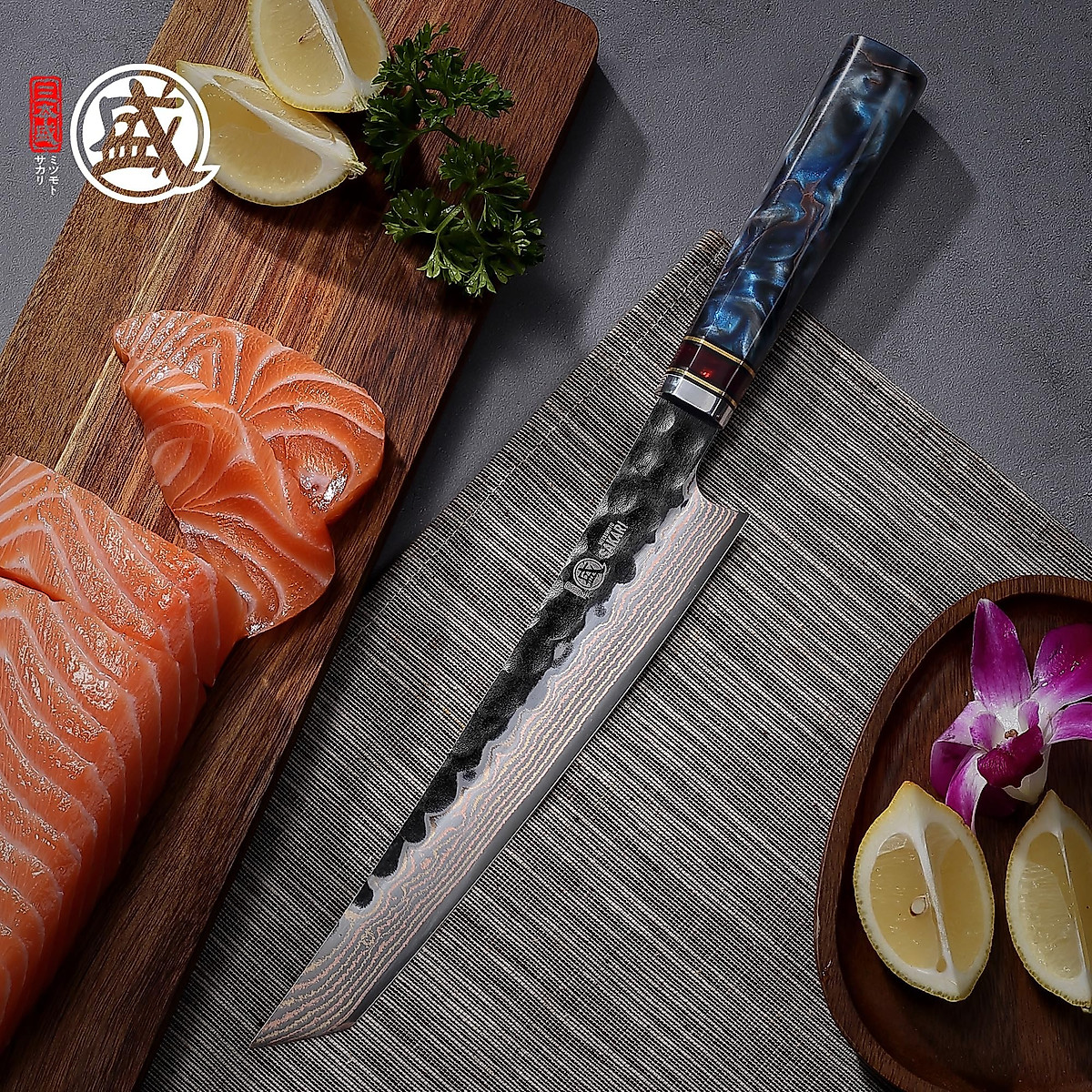 MITSUMOTO SAKARI 8 inch Japanese Kiritsuke Chef Knife, Hand Forged VG-10 Damascus Kitchen Knife, Professional Meat Sushi Chef’s Knife (Blue Resin Handle & Sandalwood Box)