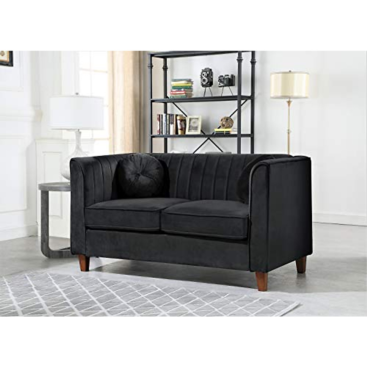US Pride Furniture 55" Chesterfield Velvet Loveseat with Vertical Channel Tufted Backrest & Tapered Wood Legs - 2 Seater Couch for Living Room, Bedroom or Office, Midnight Black