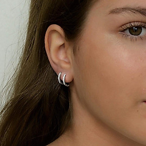 Lancharmed Small Open Hoop Earrings for Women | Hypoallergenic Sterling Silver Post Hoops Earring Second Hole Stone Hoops CZ HOOPS